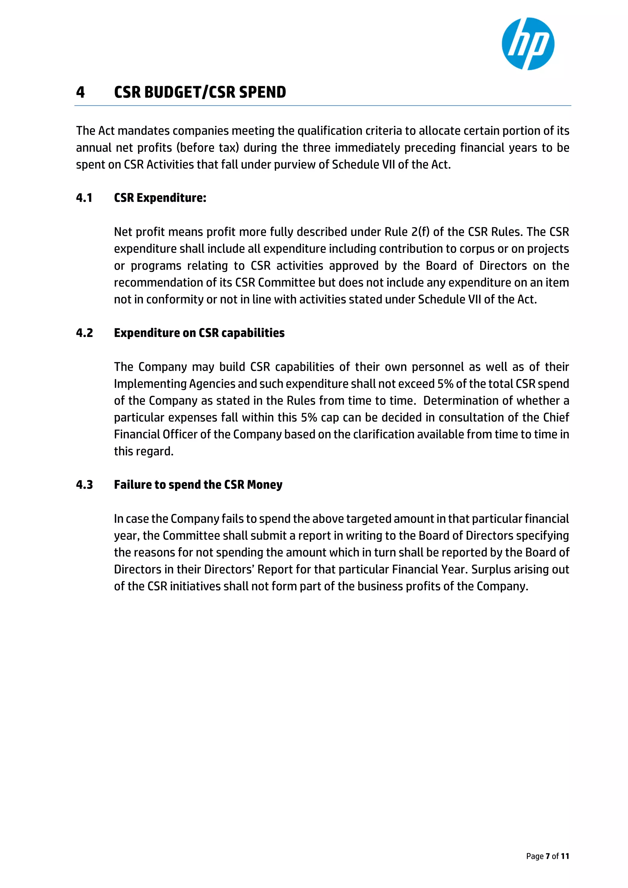 Hewlett Packard India- CSR Policy | PDF