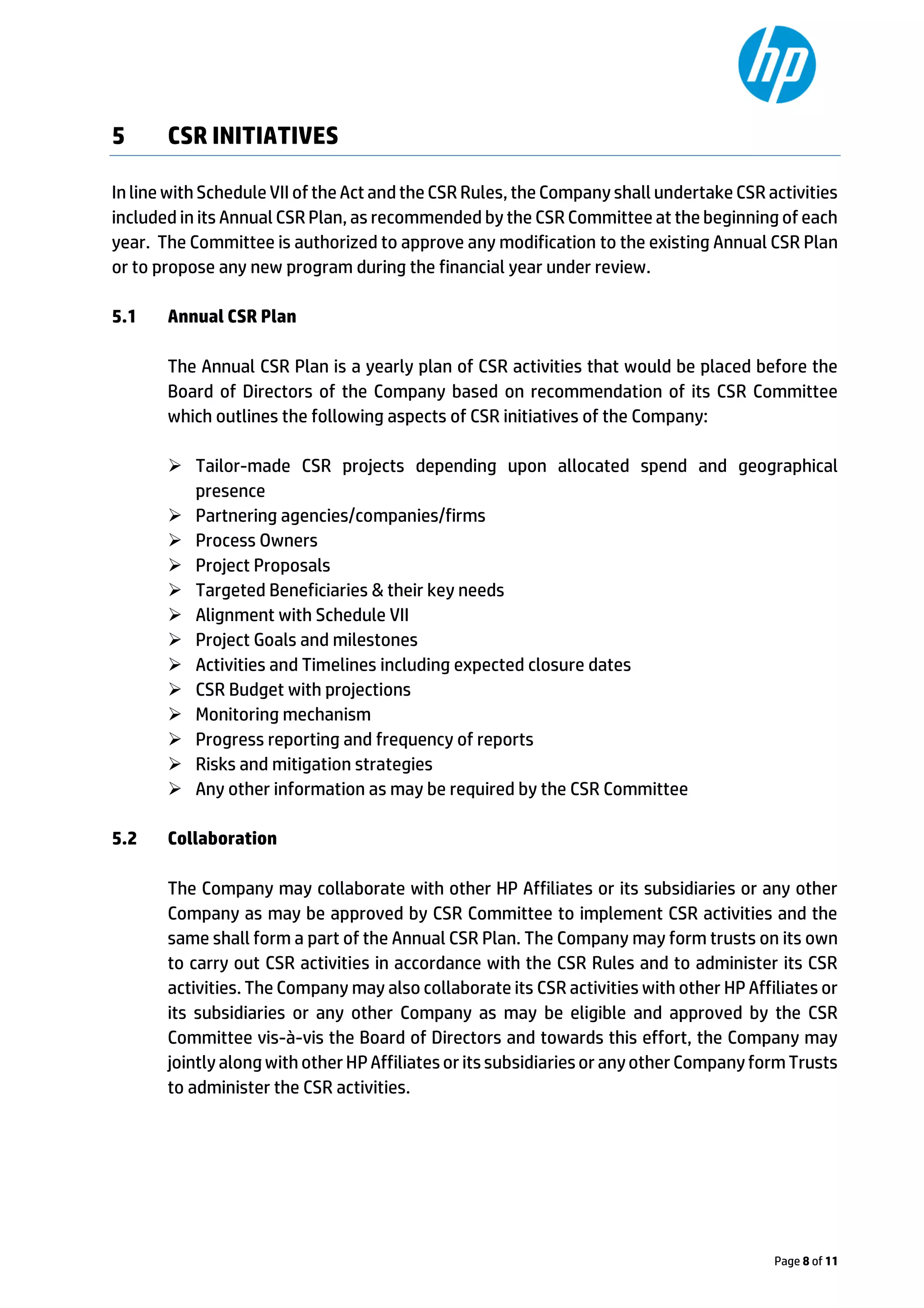 Hewlett Packard India- CSR Policy | PDF