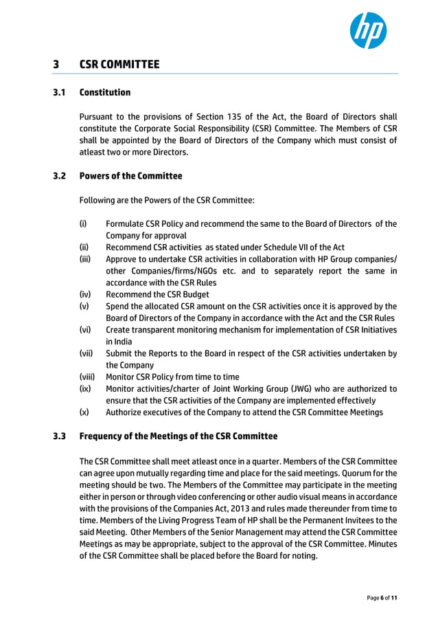 Hewlett Packard India- CSR Policy | PDF