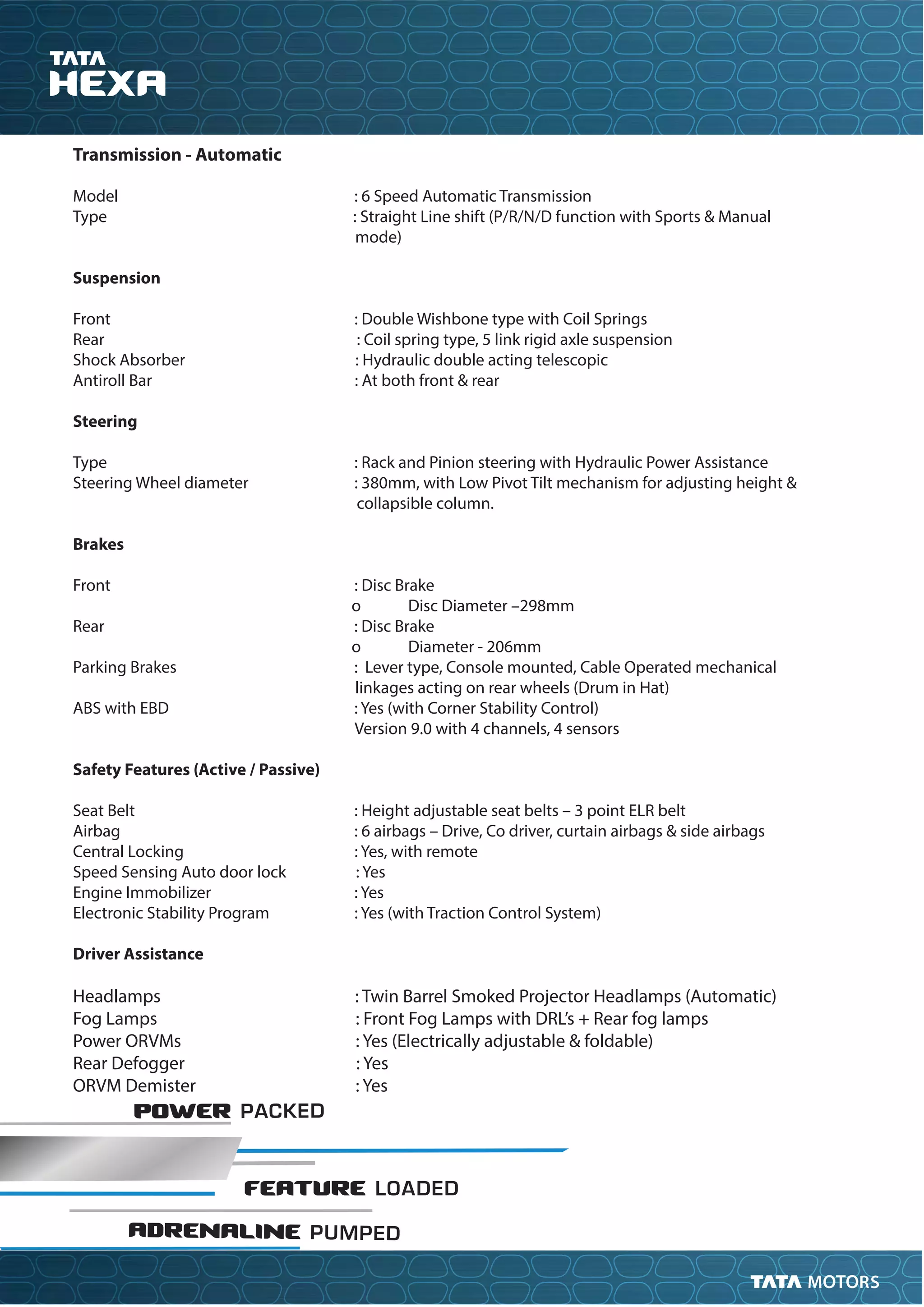 Tata Hexa Specs - Official | PDF