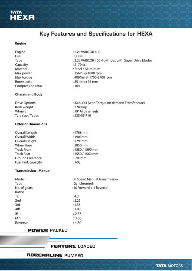 Tata Hexa Specs - Official | PDF