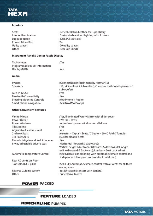 Tata Hexa Specs - Official | PDF