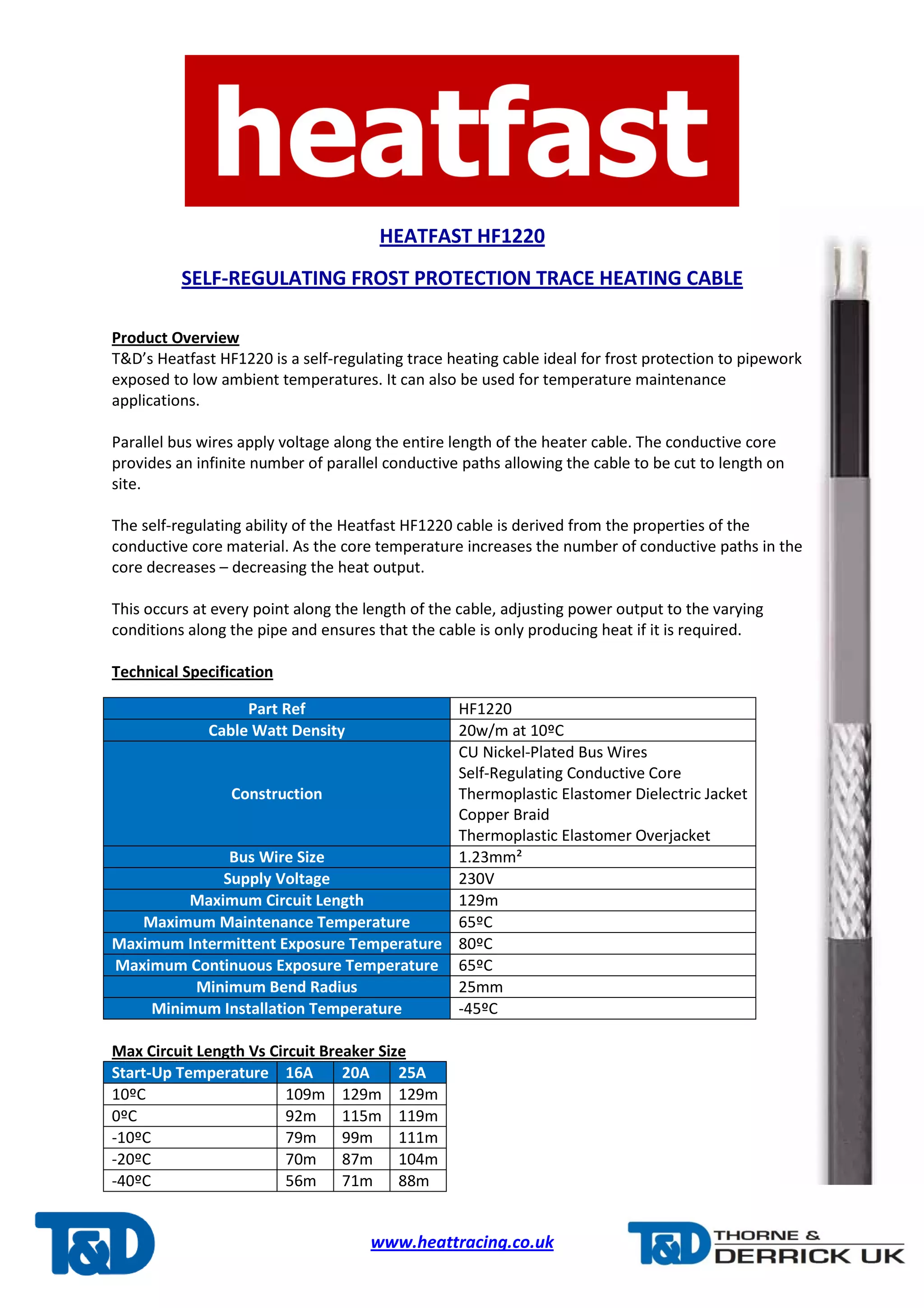 Heatfast HF1220 Heat Tracing Cable - Spec Sheet | PDF