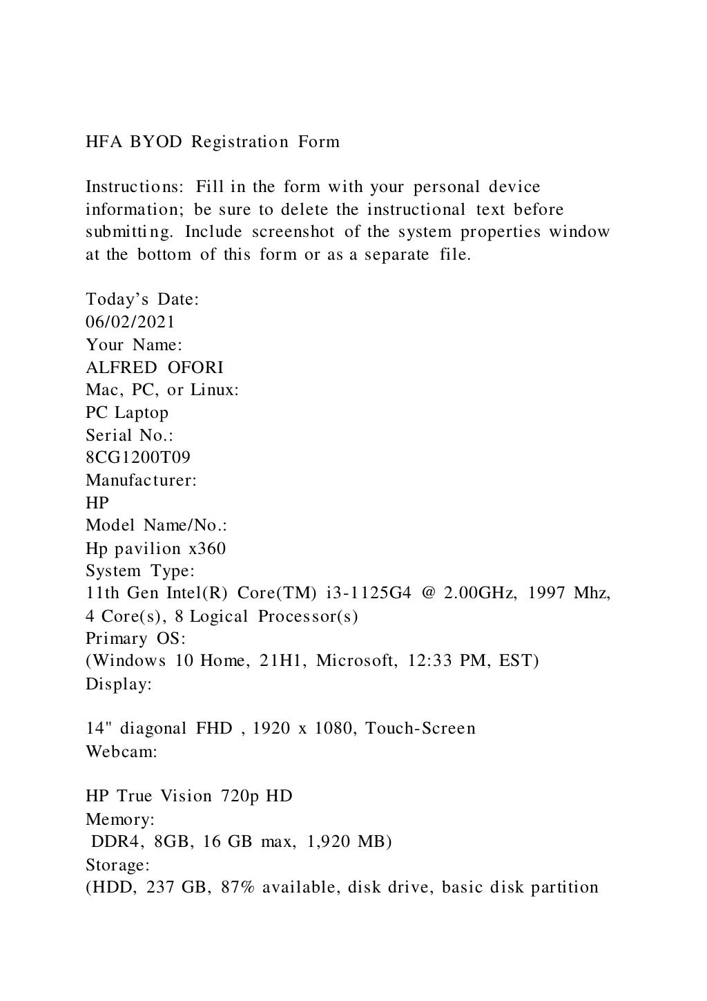 HFA BYOD Registration FormInstructions Fill in the form with | DOCX