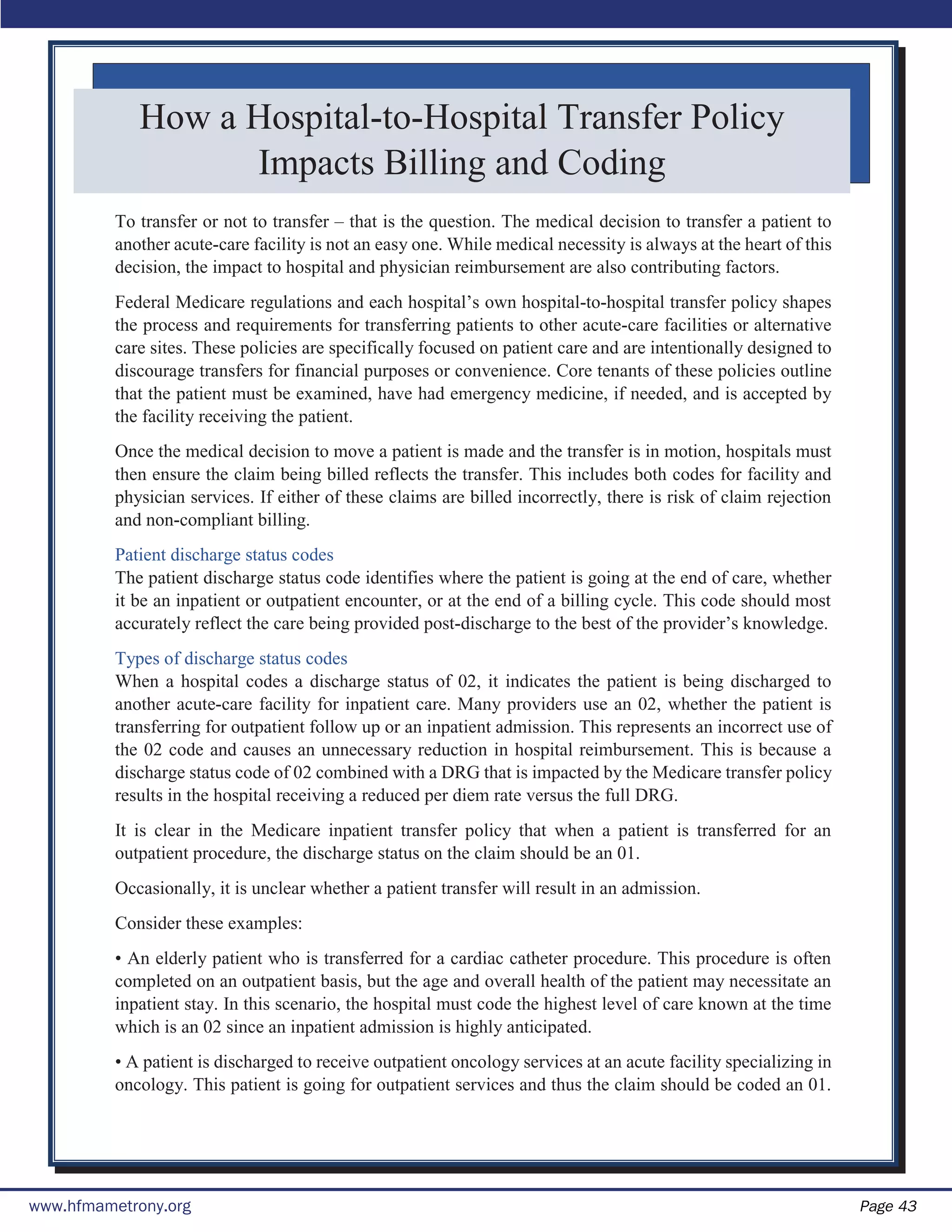 How a hospital-to-hospital transfer policy impacts billing and coding | PDF