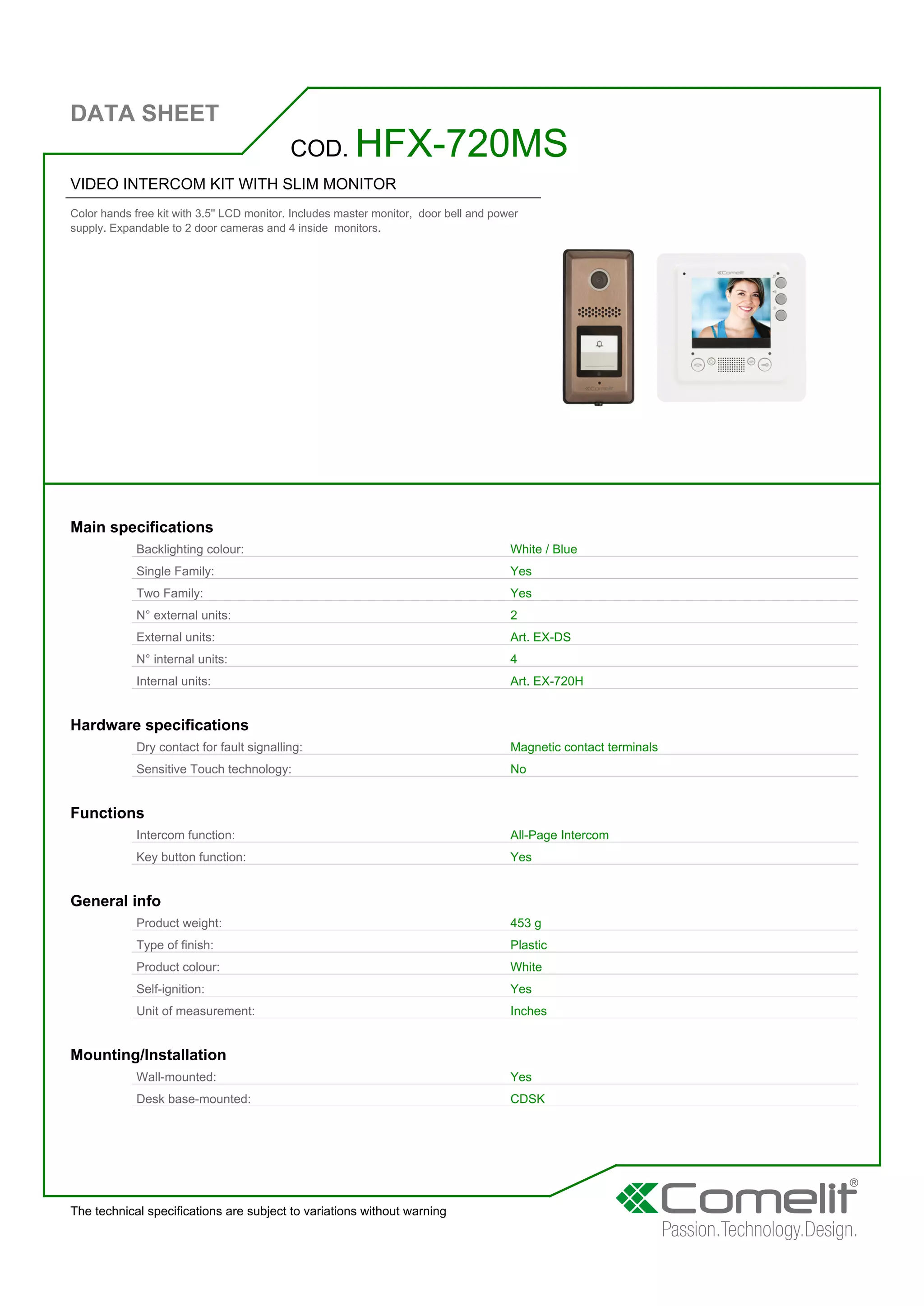 Comelit HFX-720MS Data Sheet | PDF