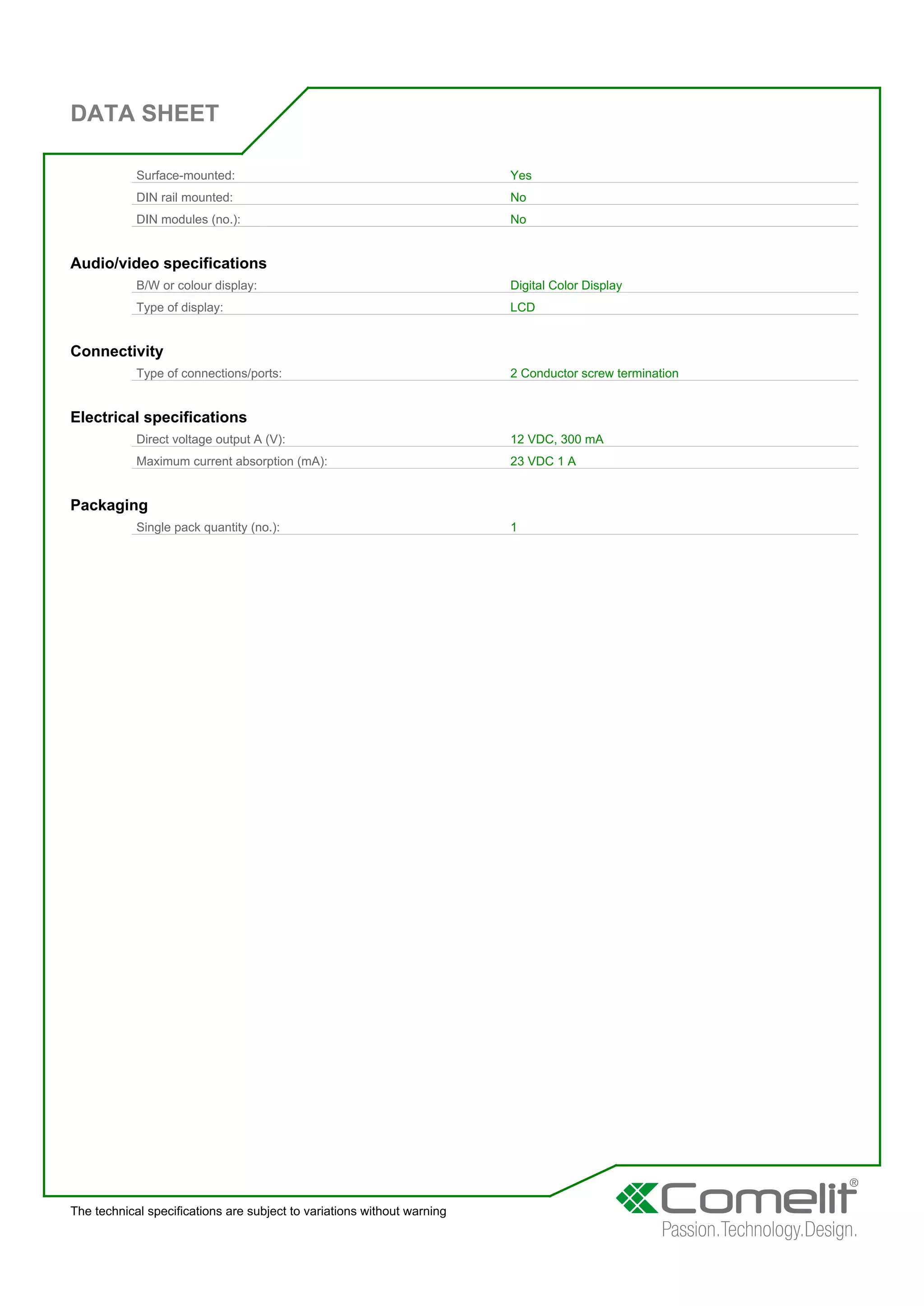 Comelit HFX-720MS Data Sheet | PDF