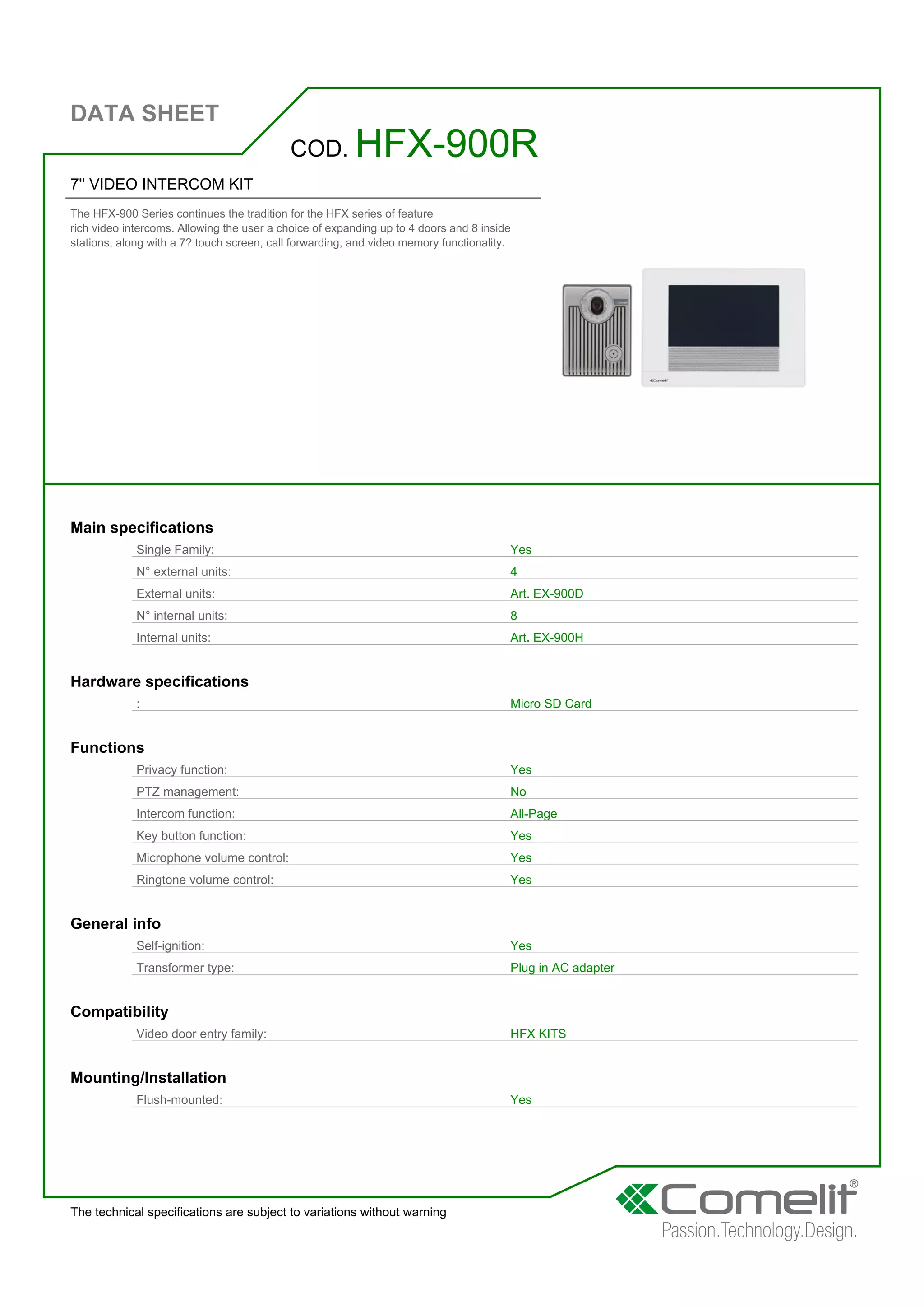 Comelit HFX-900R Data Sheet | PDF
