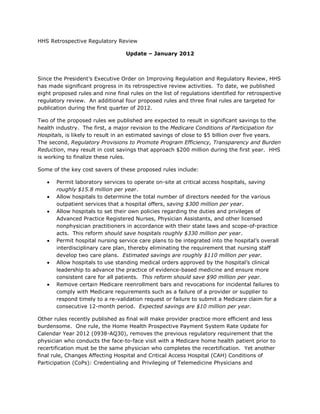 Health & Human Services - Regulatory Reform - January 2012 Update | PDF
