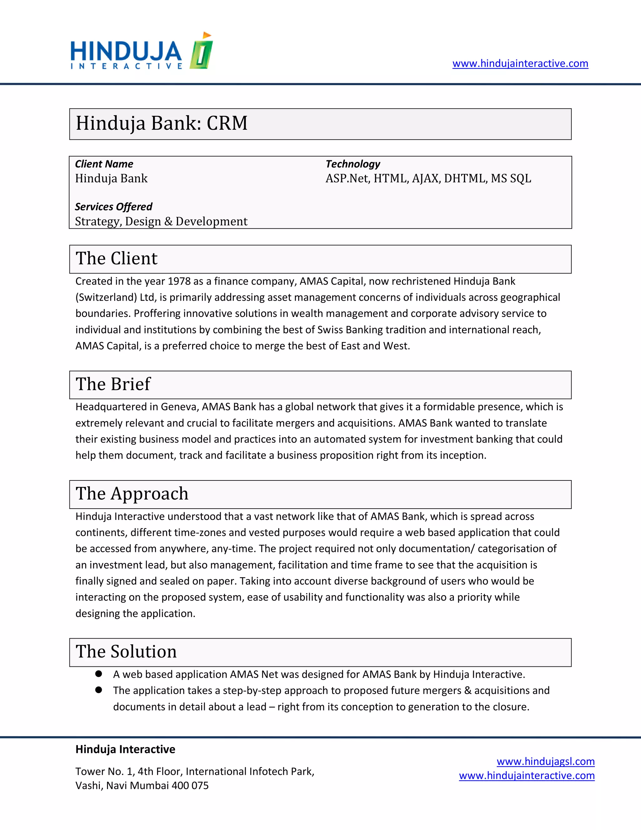 Case Study: Hinduja Bank CRM Application | PDF