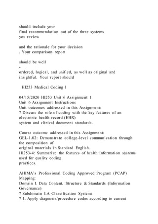 HI253 Medical Coding IUnit 6 Assignment Instructions | PDF