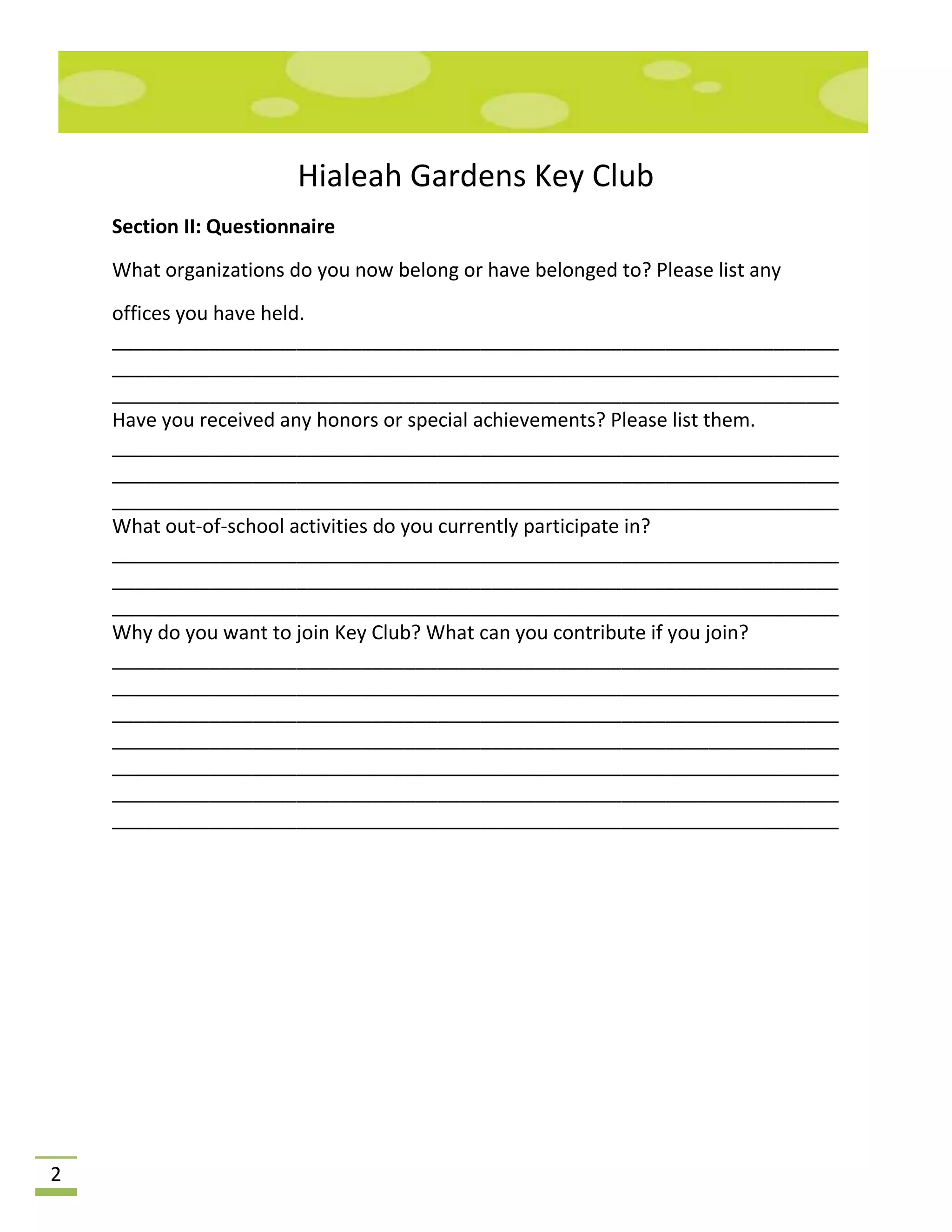 Hialeah gardens key club application | DOCX
