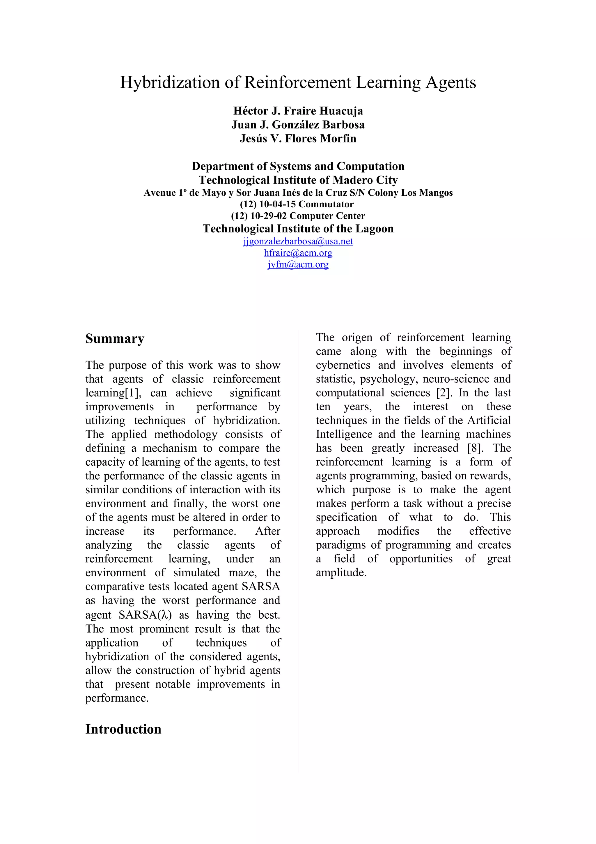 Hibridization of Reinforcement Learning Agents | PDF