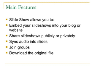 Slide Share Features 8M ICT Work | PDF
