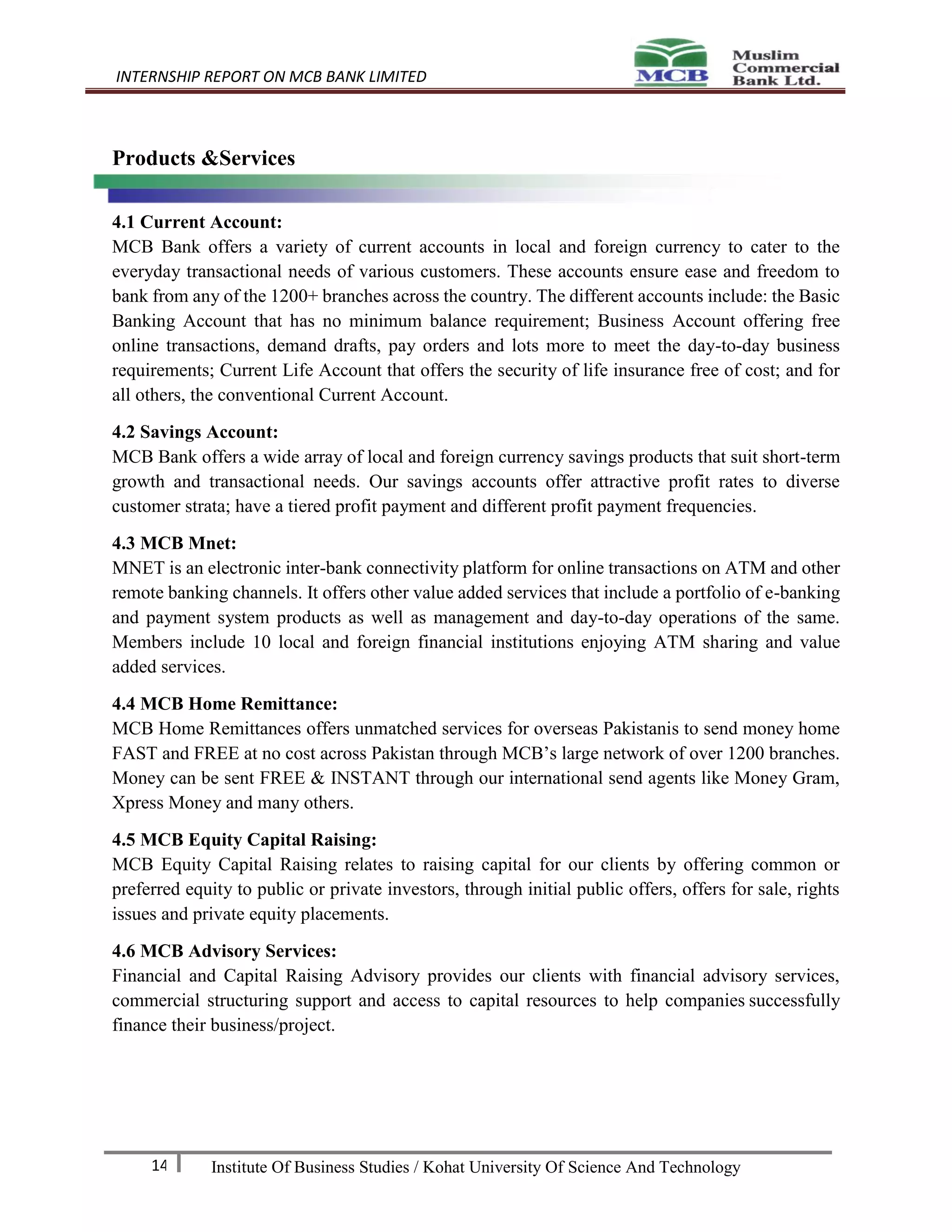 MCB Bank Internship Report 2019 | PDF