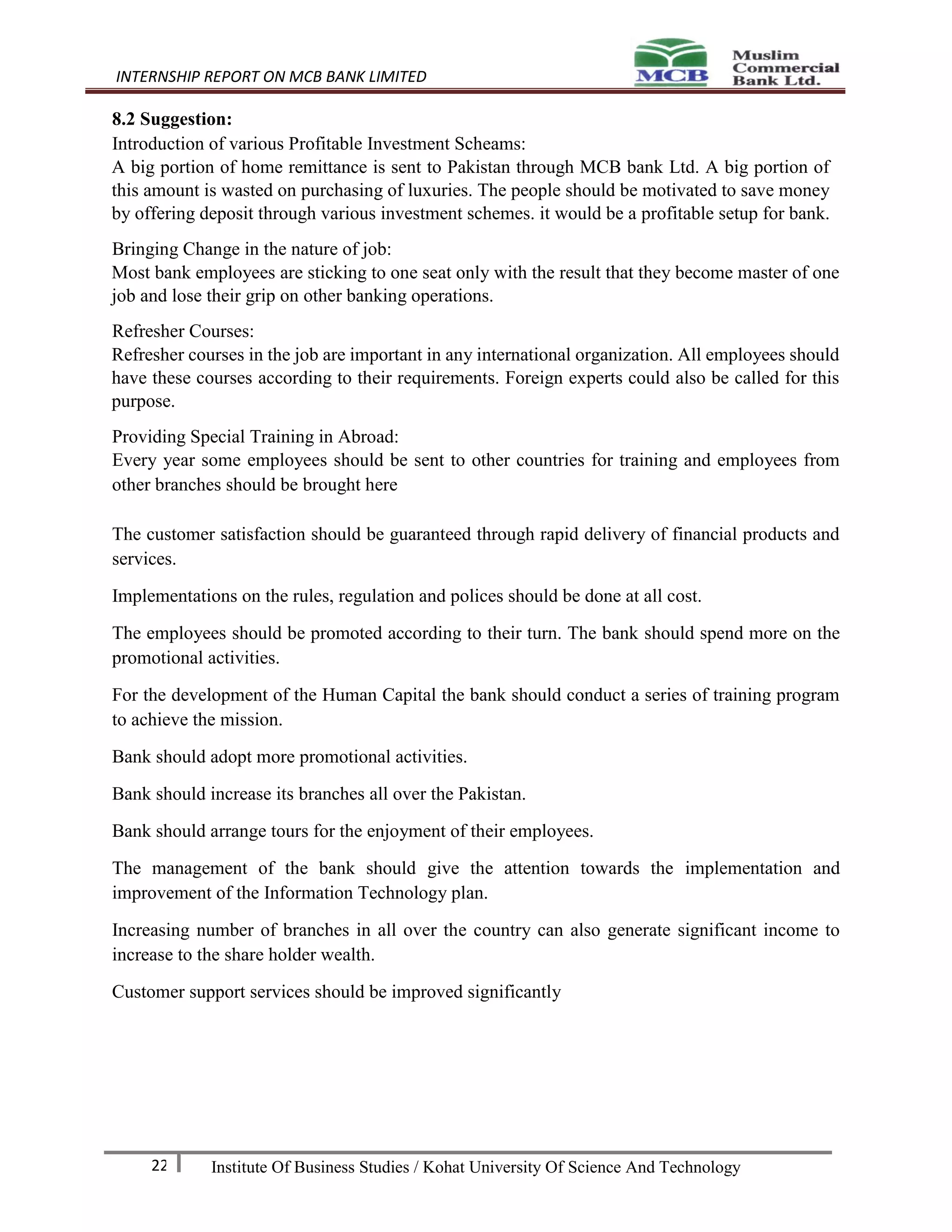 MCB Bank Internship Report 2019 | PDF