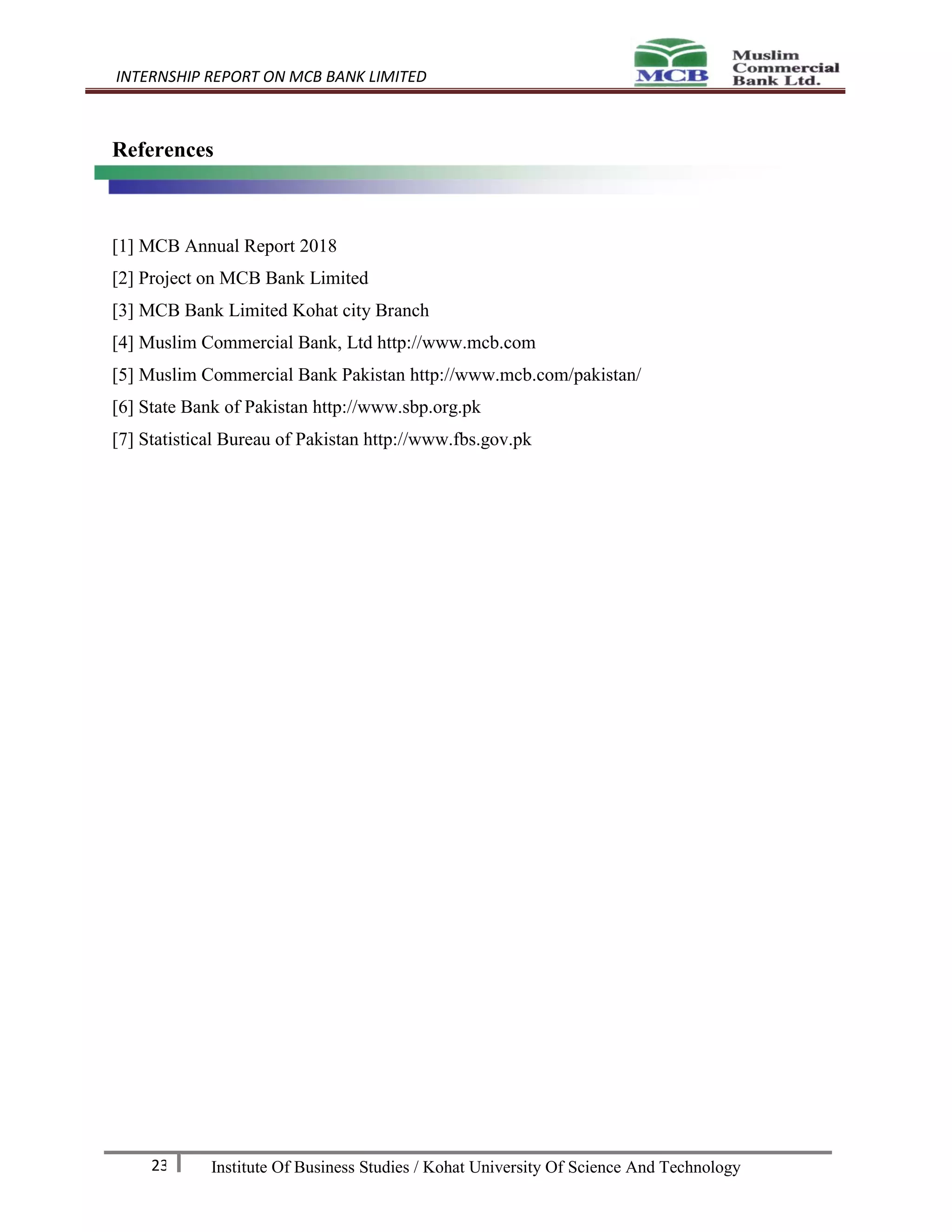 MCB Bank Internship Report 2019 | PDF