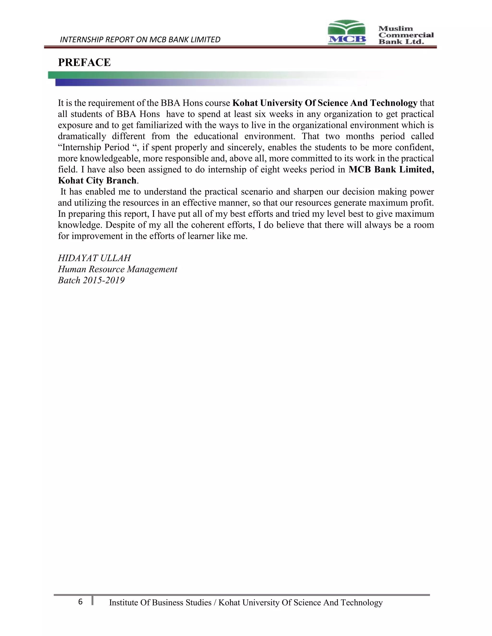 MCB Bank Internship Report 2019 | PDF