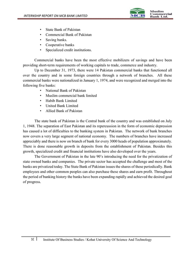 MCB Bank Internship Report 2019 | PDF