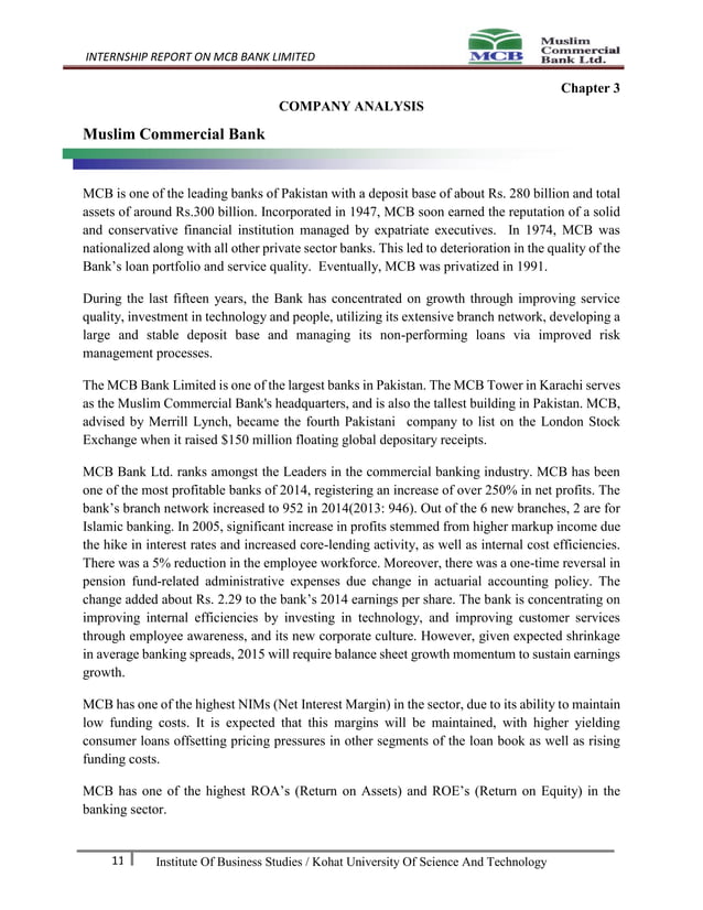 MCB Bank Internship Report 2019 | PDF