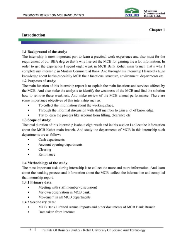 MCB Bank Internship Report 2019 | PDF