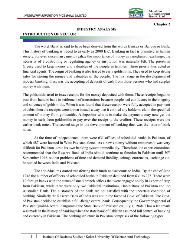 MCB Bank Internship Report 2019 | PDF