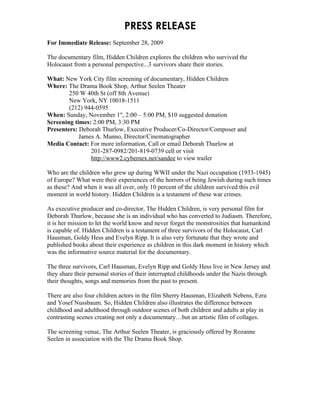 Hidden Children Press Release | PDF