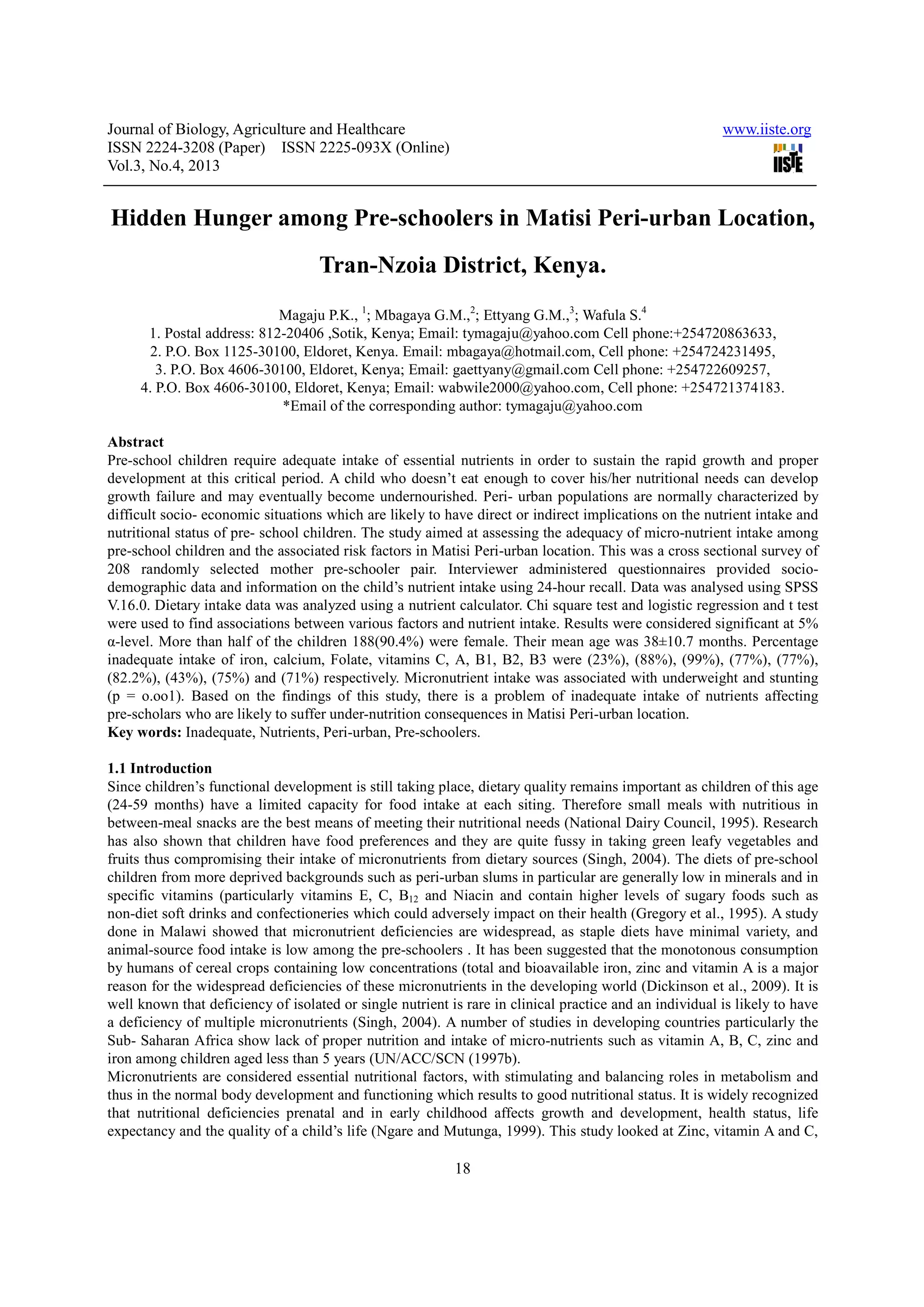 Hidden hunger among pre schoolers in matisi peri-urban location, tran ...