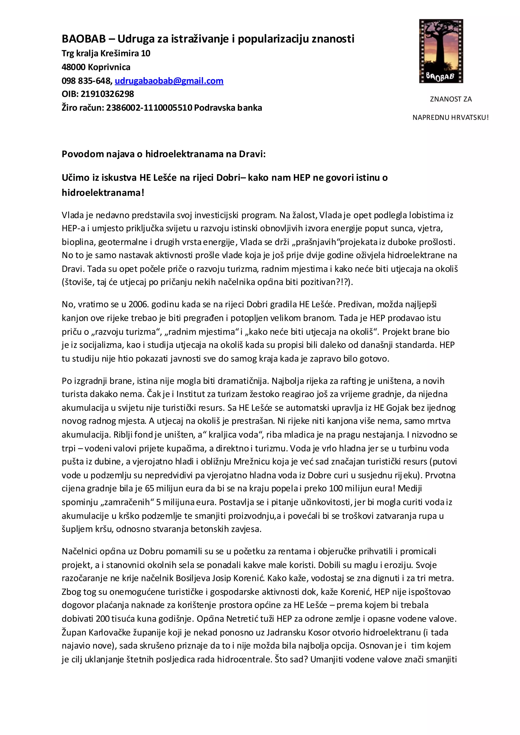 Povodom najava o hidroelektranama na Dravi: Učimo iz iskustva HE Lešće na rijeci Dobri – kako ...