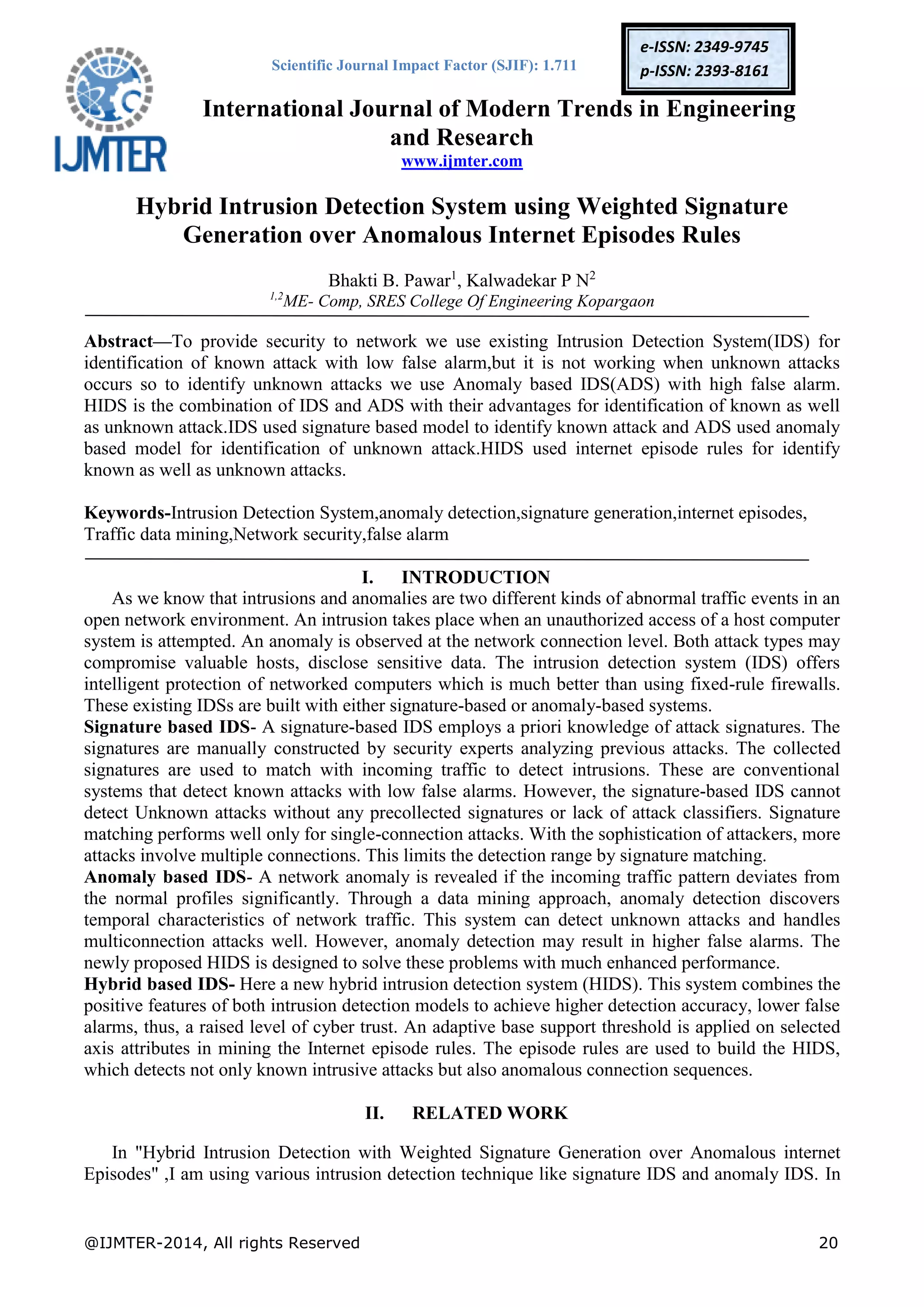 Hybrid Intrusion Detection System using Weighted Signature Generation ...