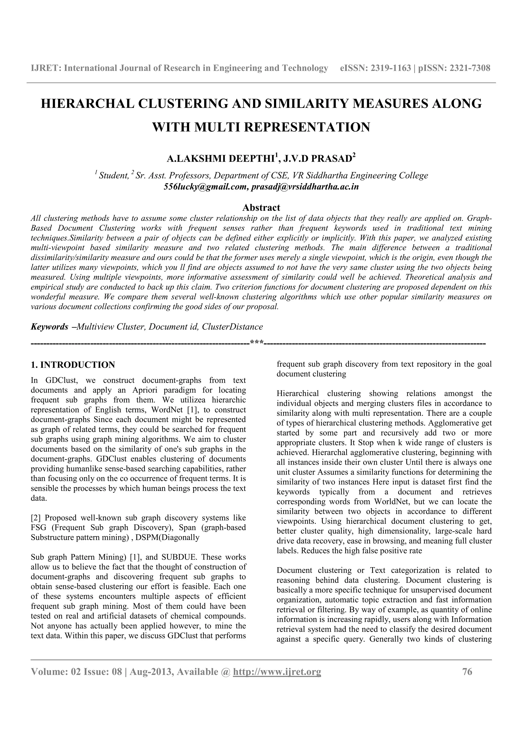 Hierarchal clustering and similarity measures along | PDF