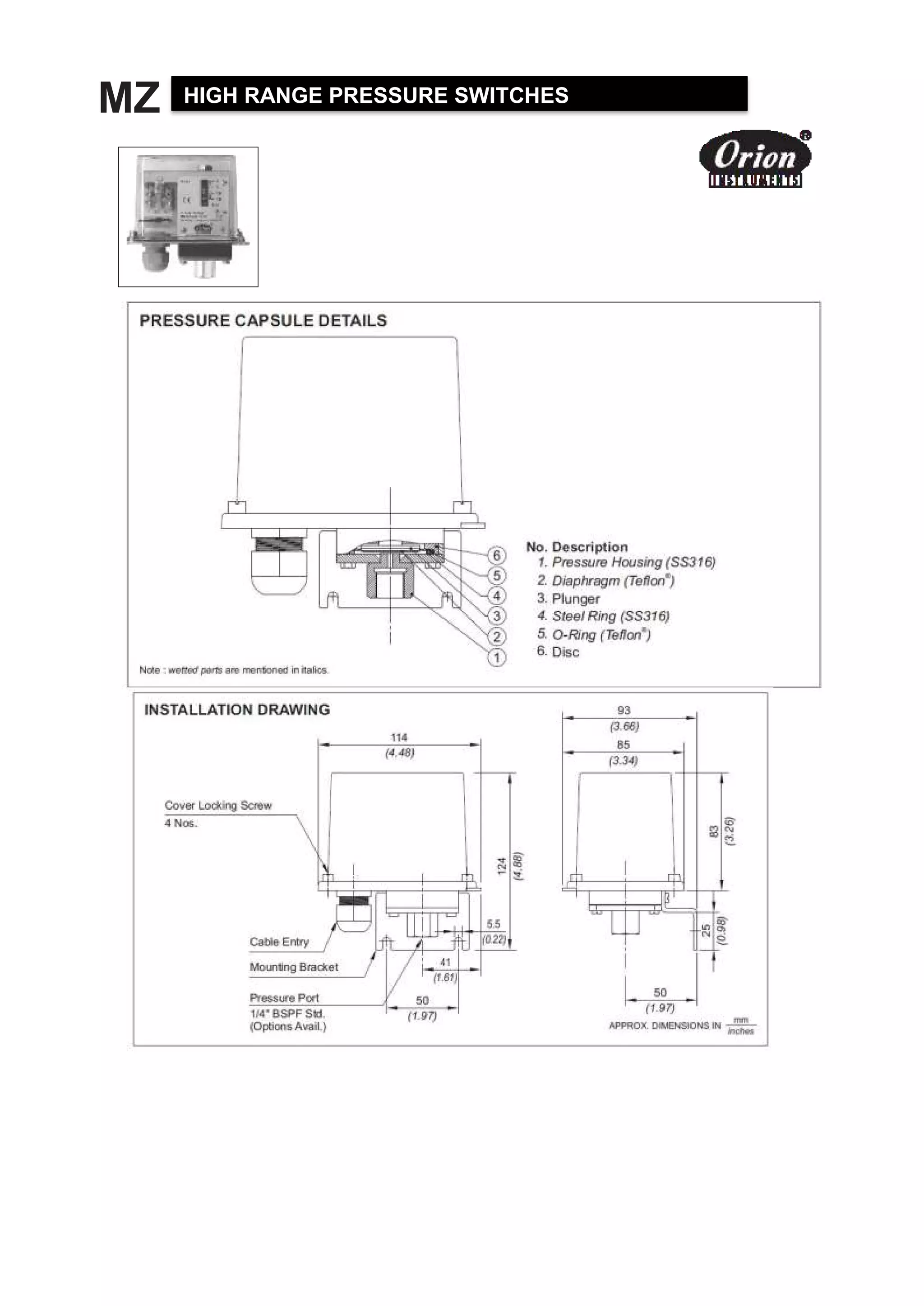 High Range Pressure Switch Mz series | PDF
