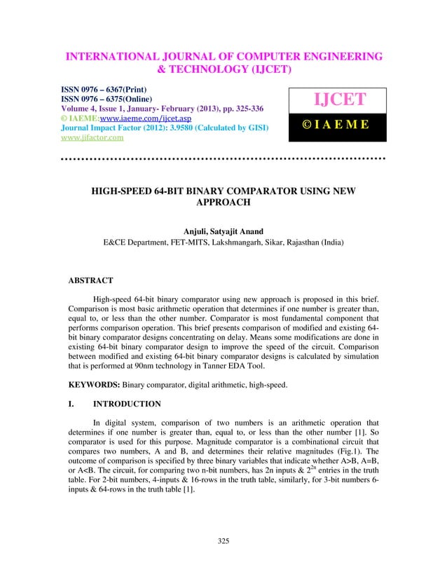 High speed 64-bit binary comparator using new approach | PDF