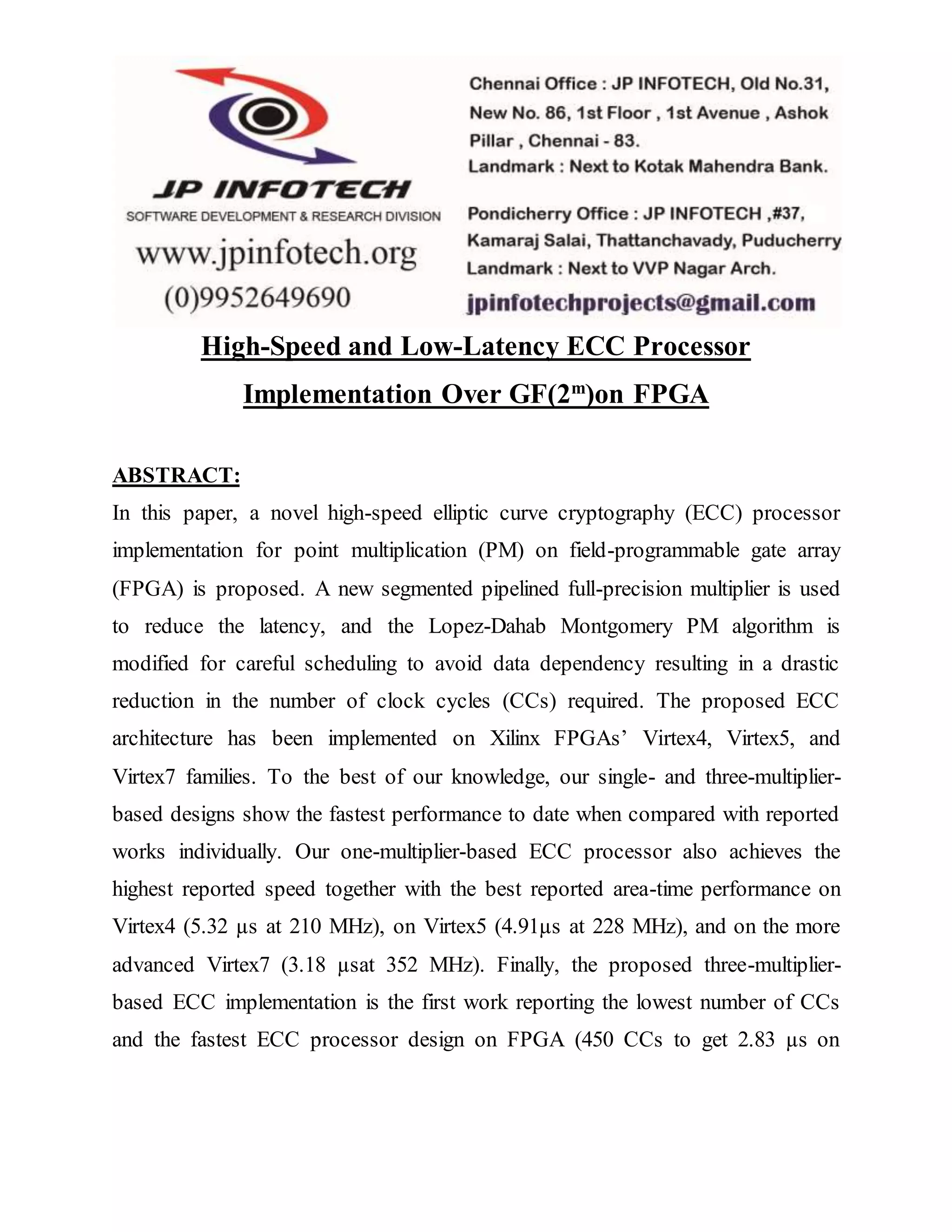 High-Speed and Low-Latency ECC Processor Implementation Over GF(2m) on FPGA | PDF