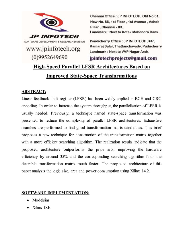 High-Speed Parallel LFSR Architectures Based on Improved State-Space Transformations | DOCX ...