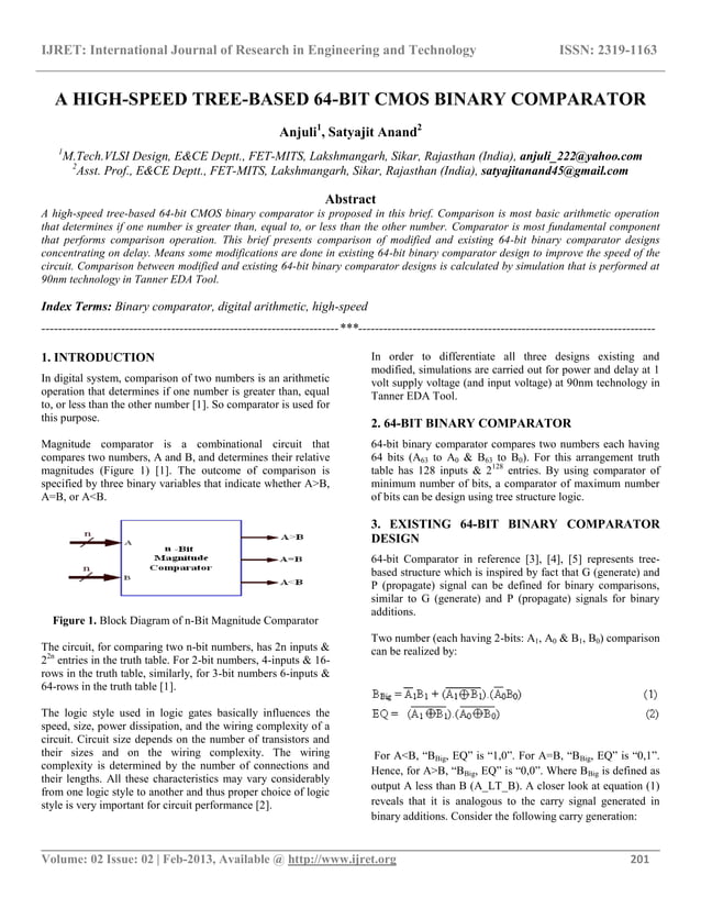 High speed tree-based 64-bit cmos binary comparator | PDF