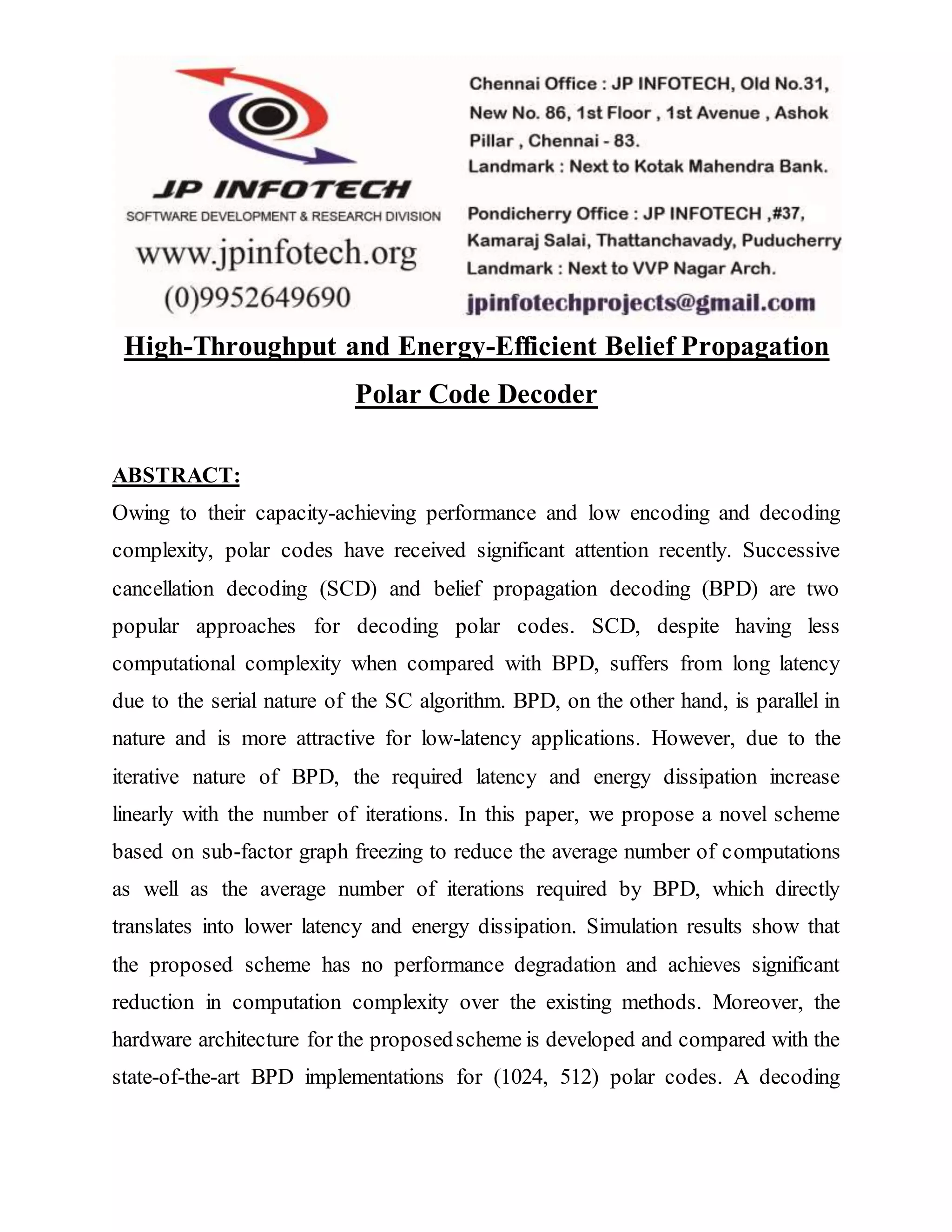 High Throughput And Energy Efficient Belief Propagation Polar Code