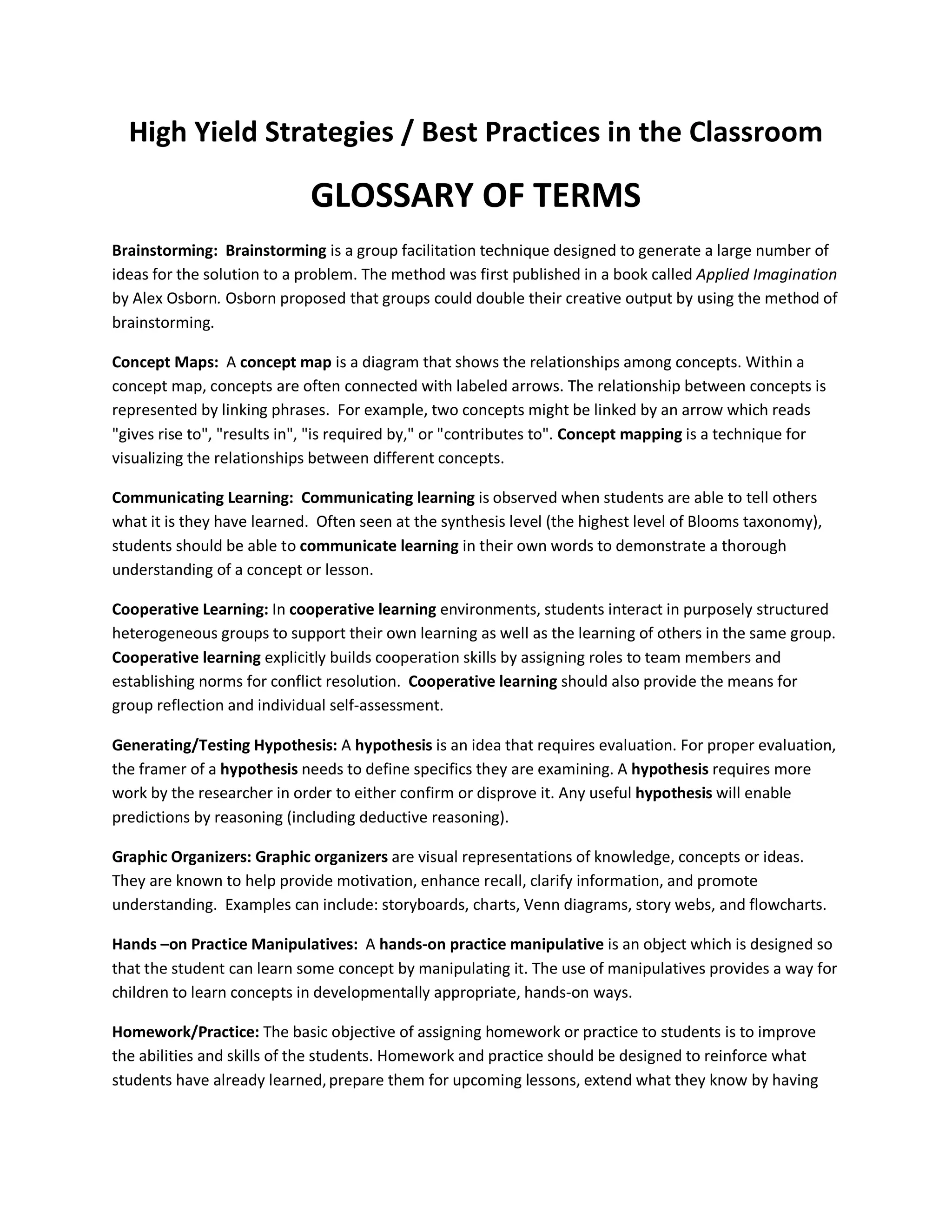 High Yield Strategies Glossary For 360 Teacher Training | PDF