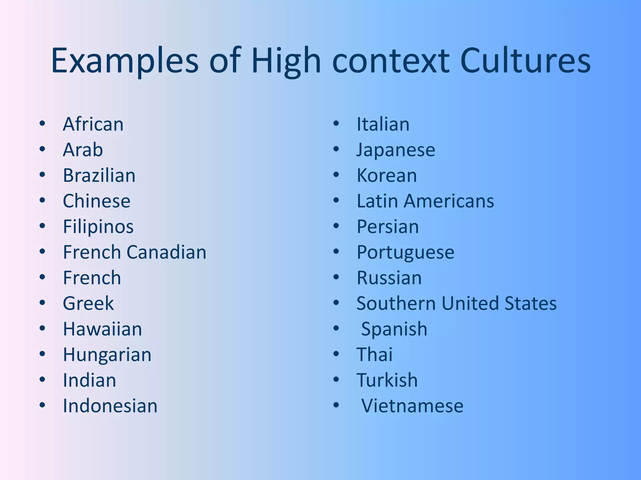 High and low context cultures relationships in each | PPTX