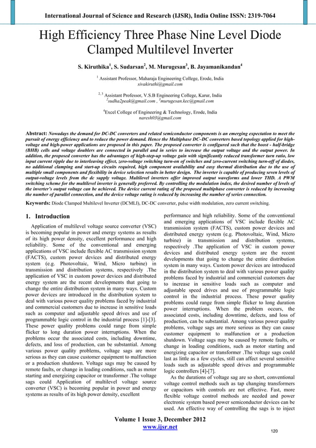 High efficiency three phase nine level diode clamped multilevel inverter | PDF