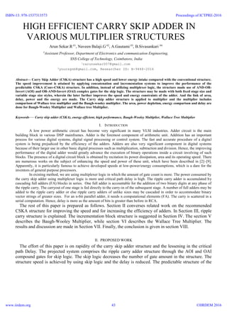 High efficient carry skip adder in various multiplier structures | PDF