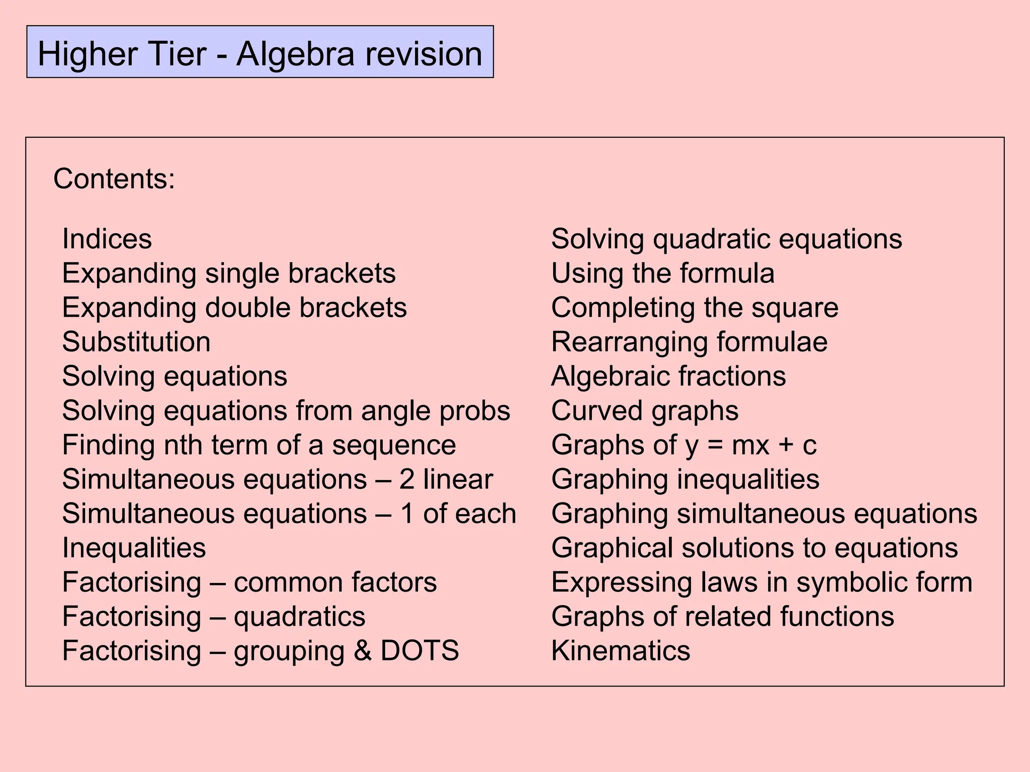 higher-gcse-algebra-revision.ppt gor grade 8 students | PPT