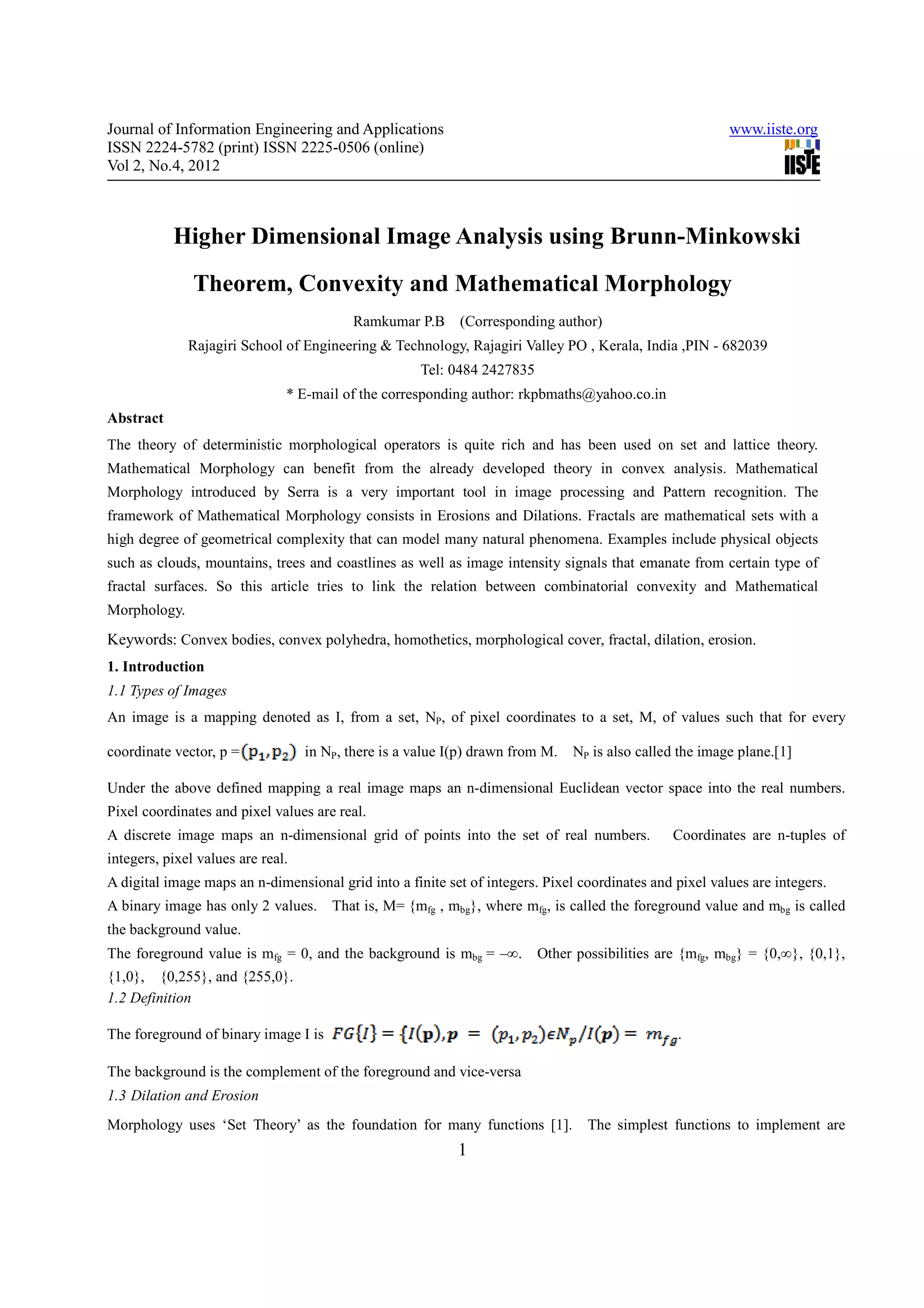 Higher dimensional image analysis using brunn minkowski theorem, convexity and mathematical ...