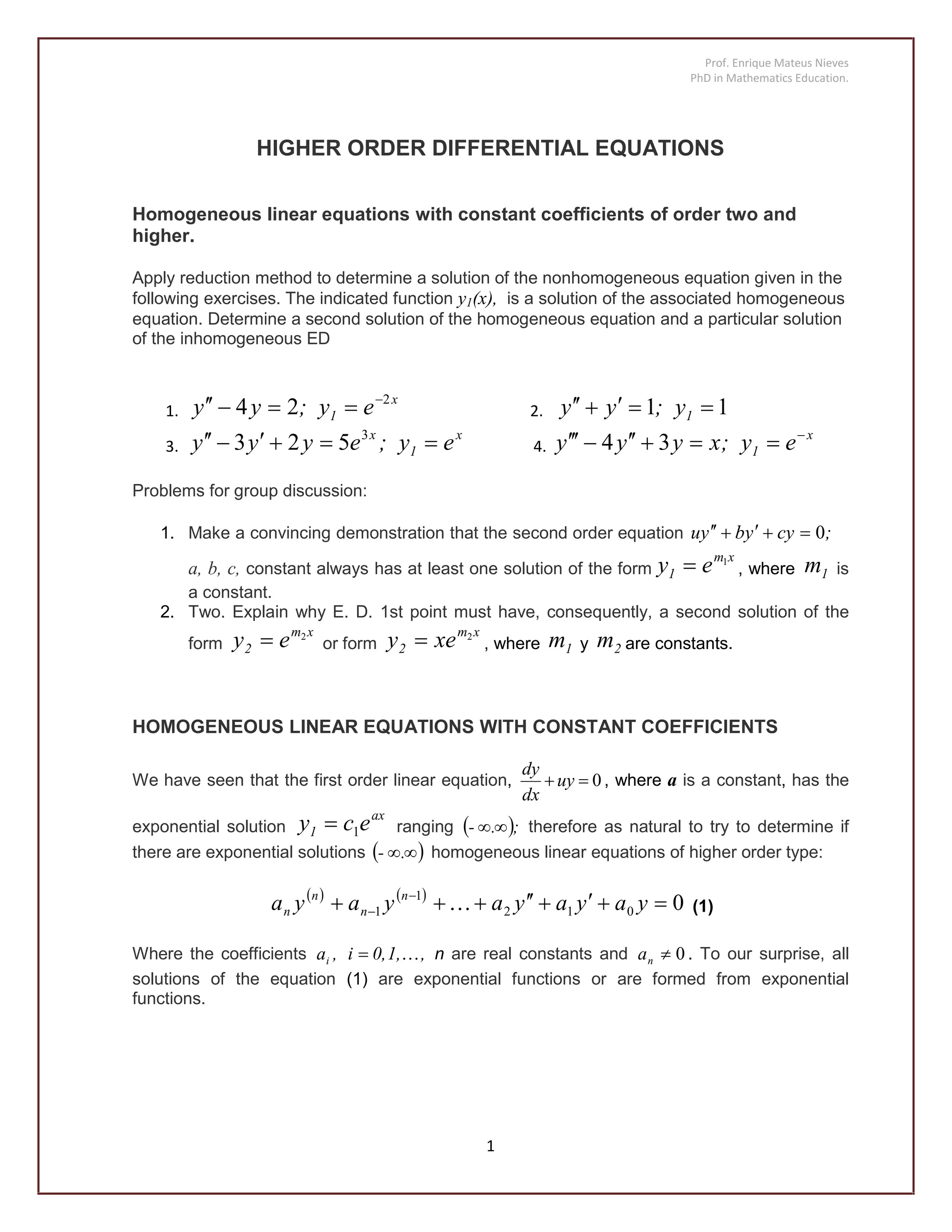 Higher Order Differential Equations Pdf