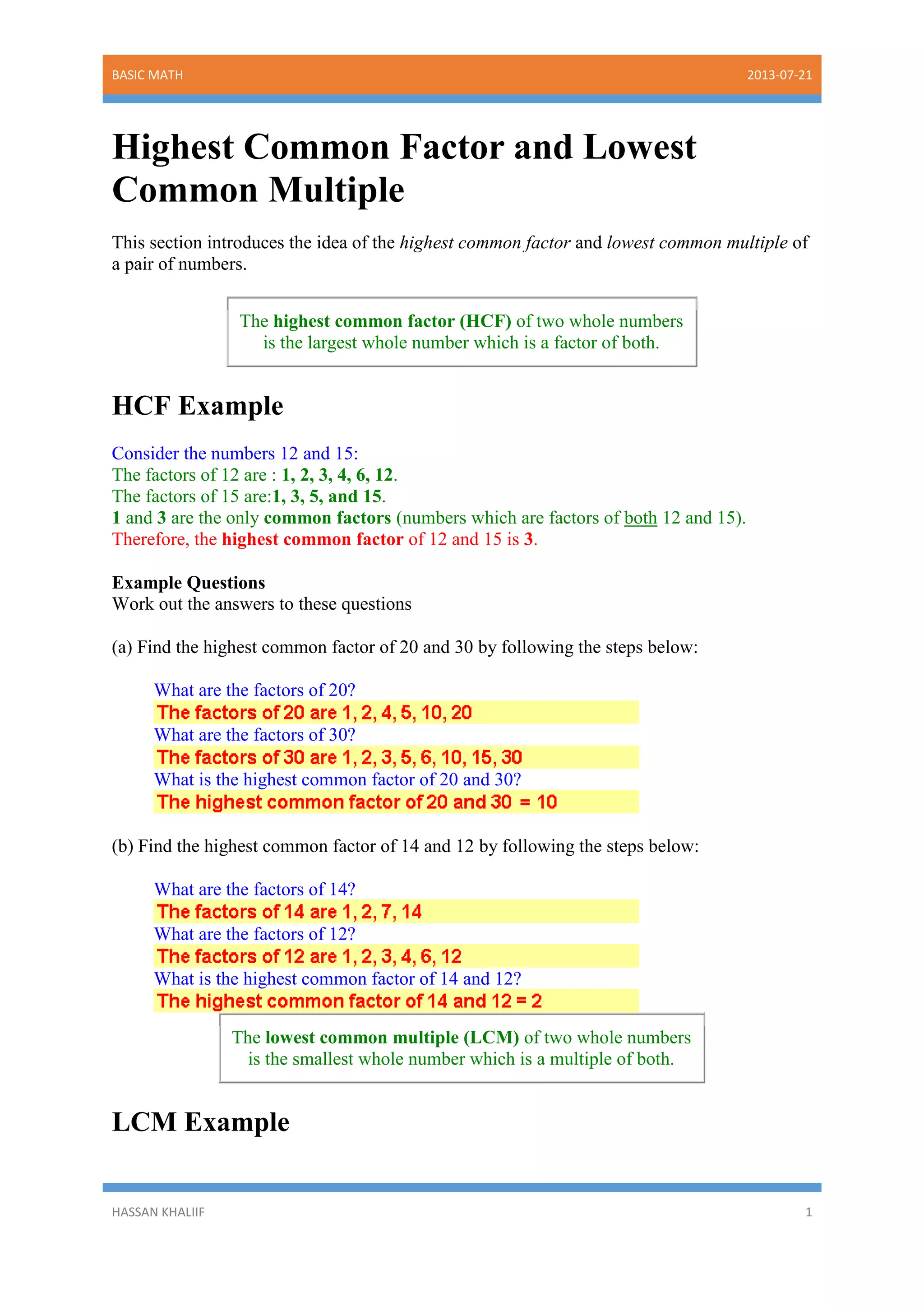 Highest common factor and lowest common multiple | DOCX