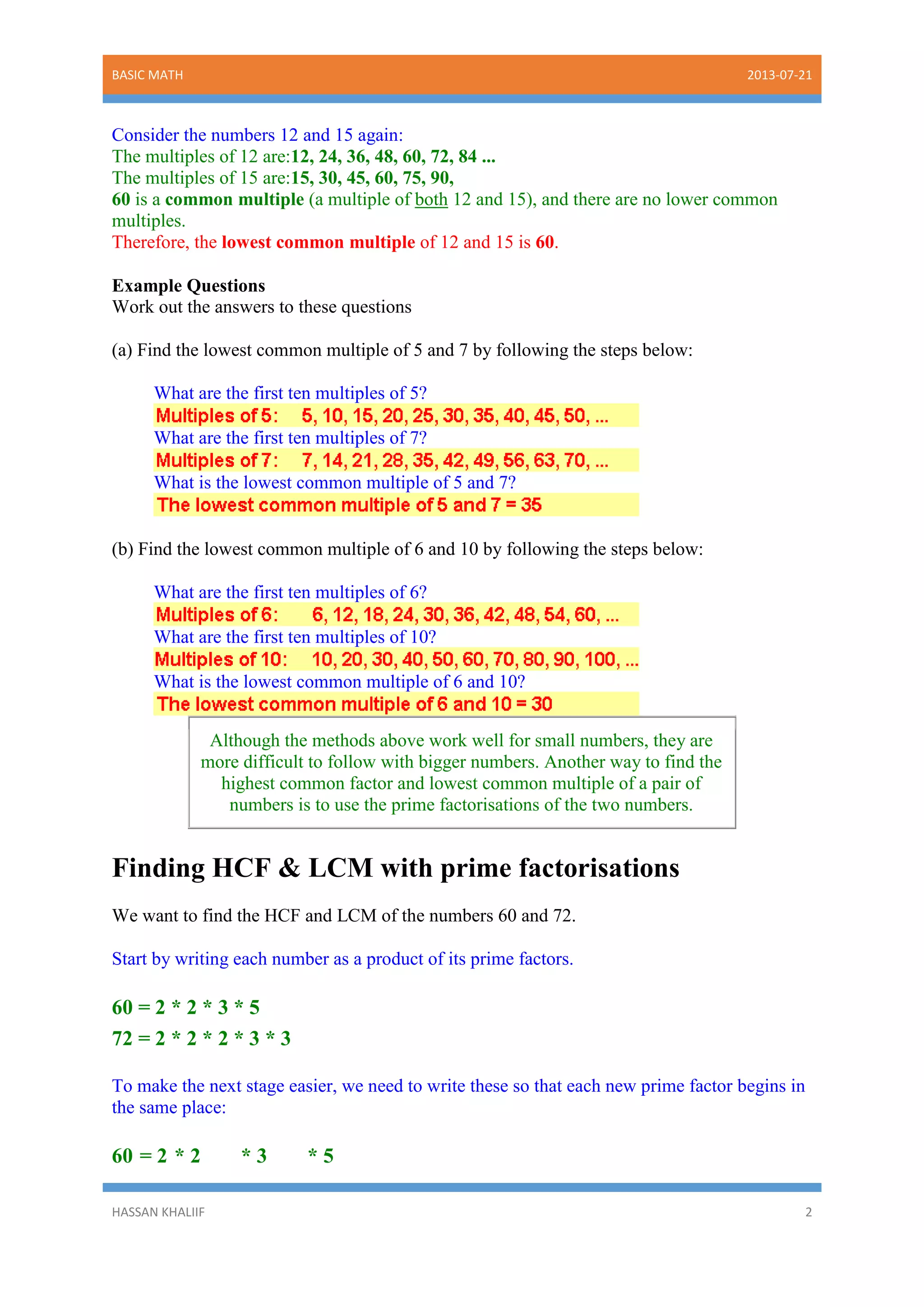 Highest common factor and lowest common multiple | DOCX