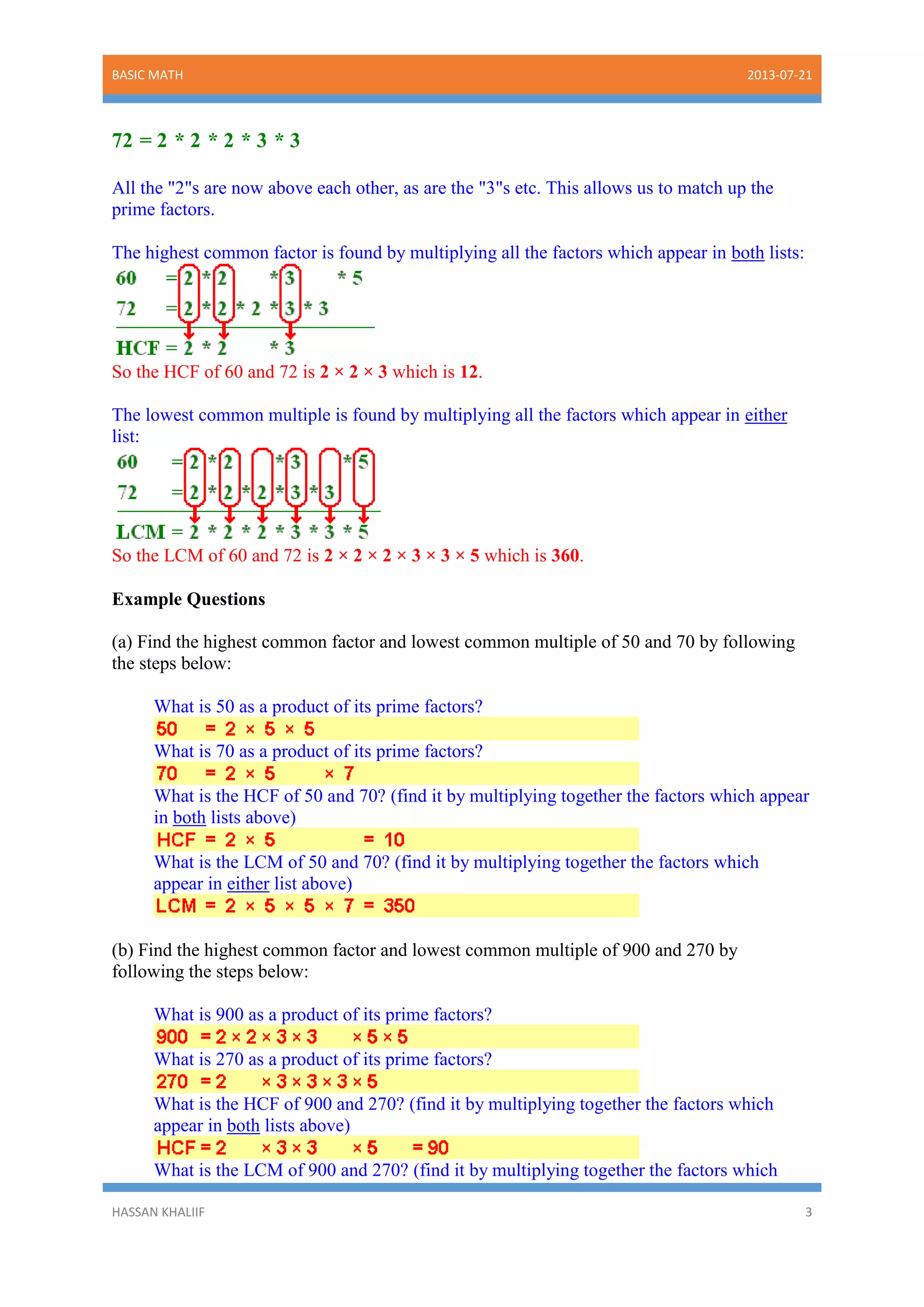 Highest common factor and lowest common multiple | DOCX