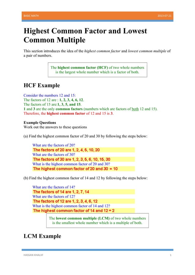 Highest common factor and lowest common multiple | DOCX