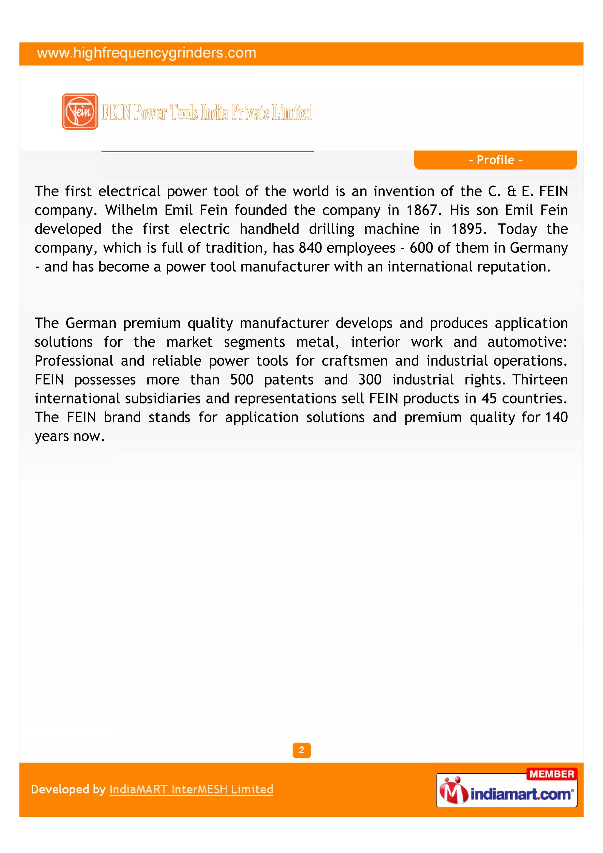 Fein Power Tools India Private Limited, Chennai, Industrial Power Tools | PDF