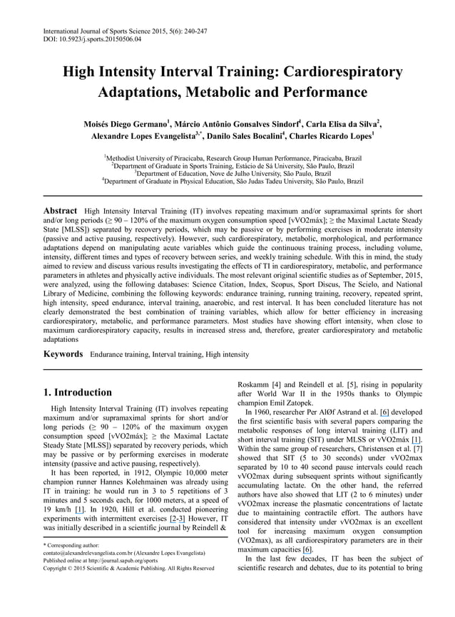 High intensity interval training cardiorespiratory adaptations, metabolic and performance | PDF
